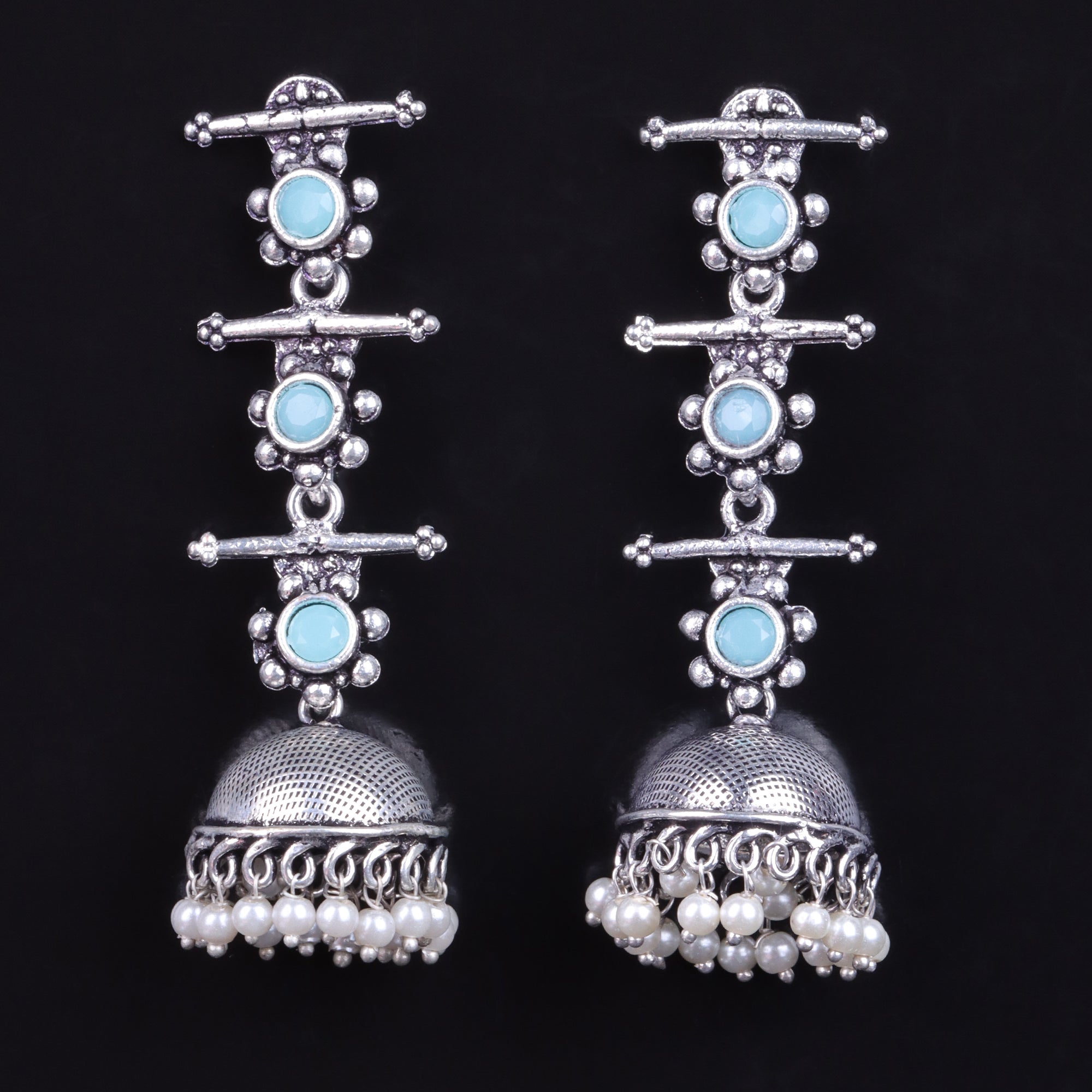 Mint Stone Studded Triple Layered Jhumkas – StylishKudi