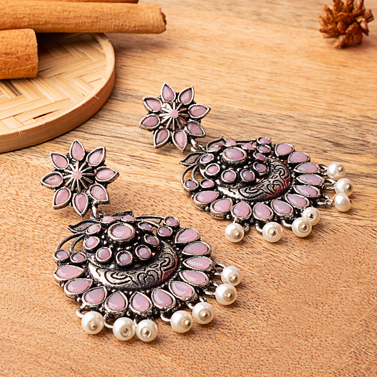 Baby Pink Stone Studded Statement Oxidised Earrings with Hanging Pearl ...