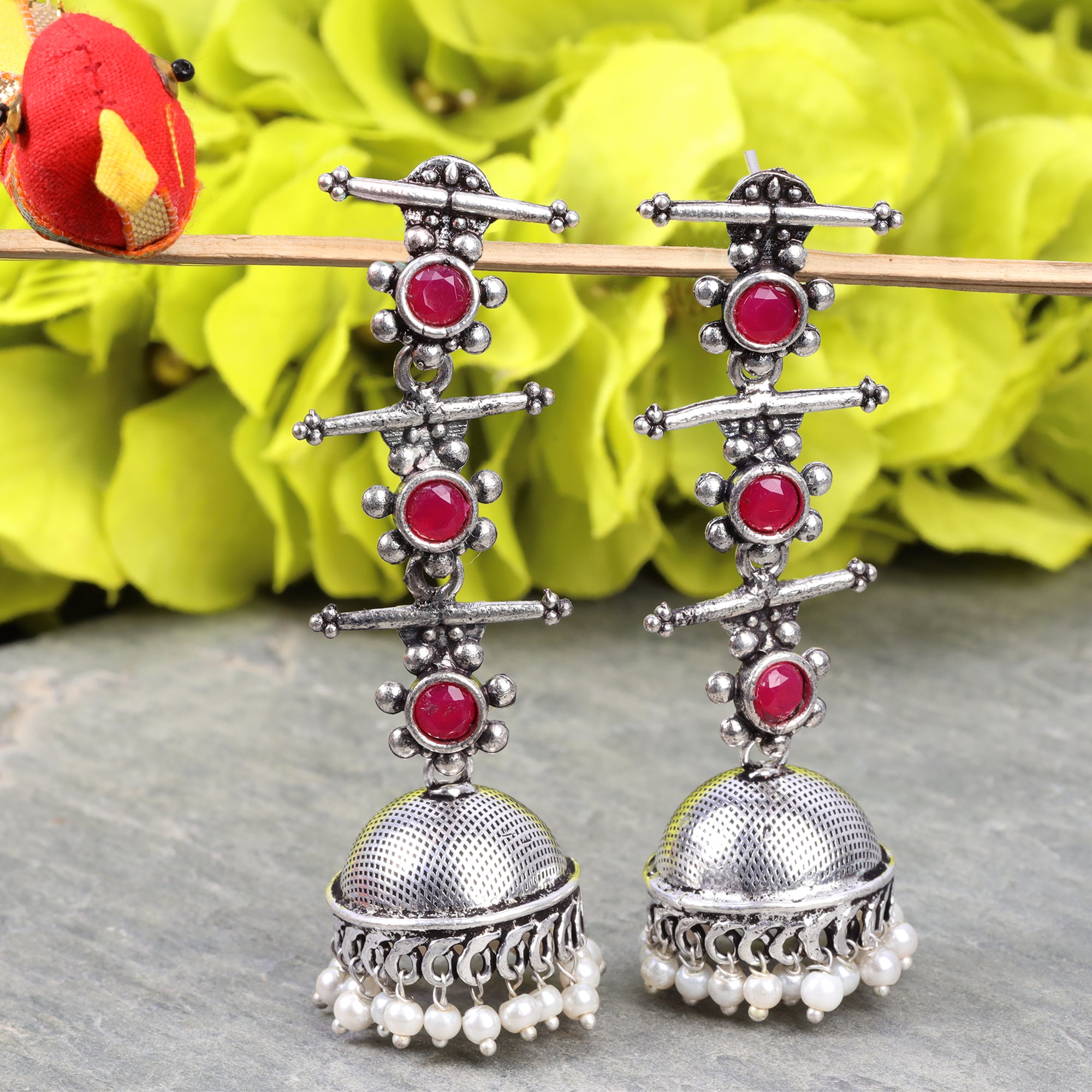 Red Stone Studded Triple Layered Jhumkas – StylishKudi